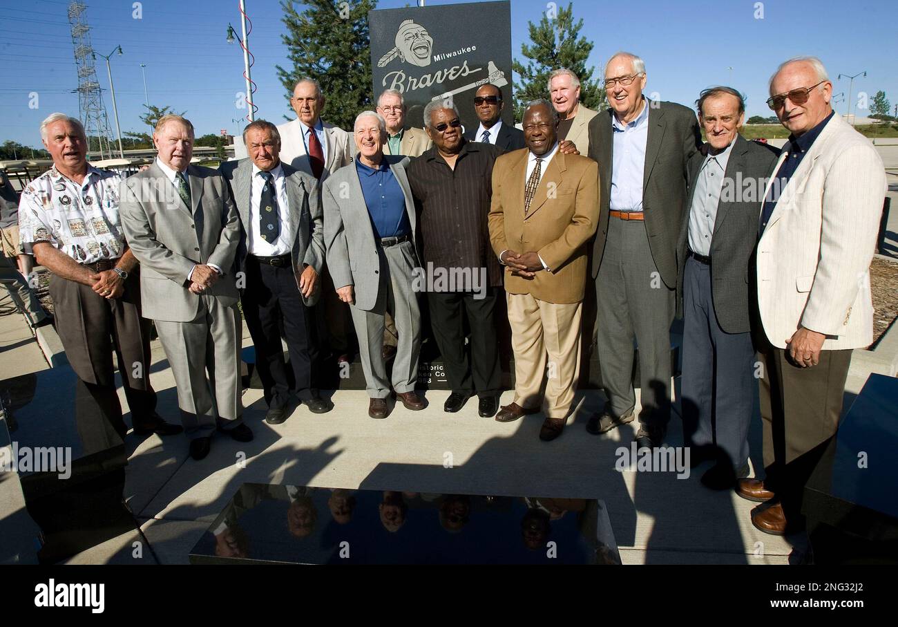 Members of the 1957 World Champion Milwaukee Braves team pose for a ...