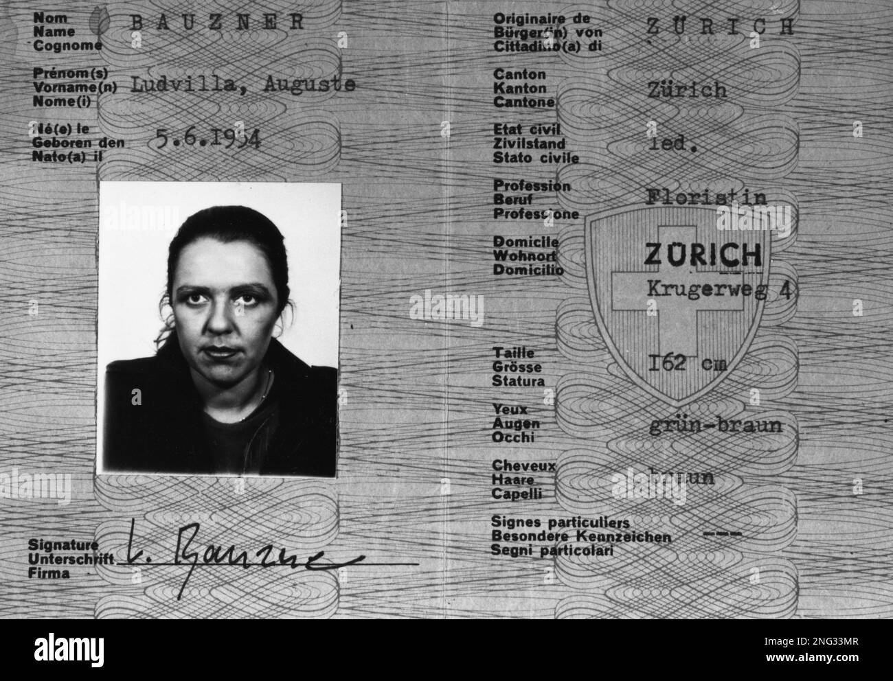 Image of the forged swiss ID card of West German terrorist Manuela ...
