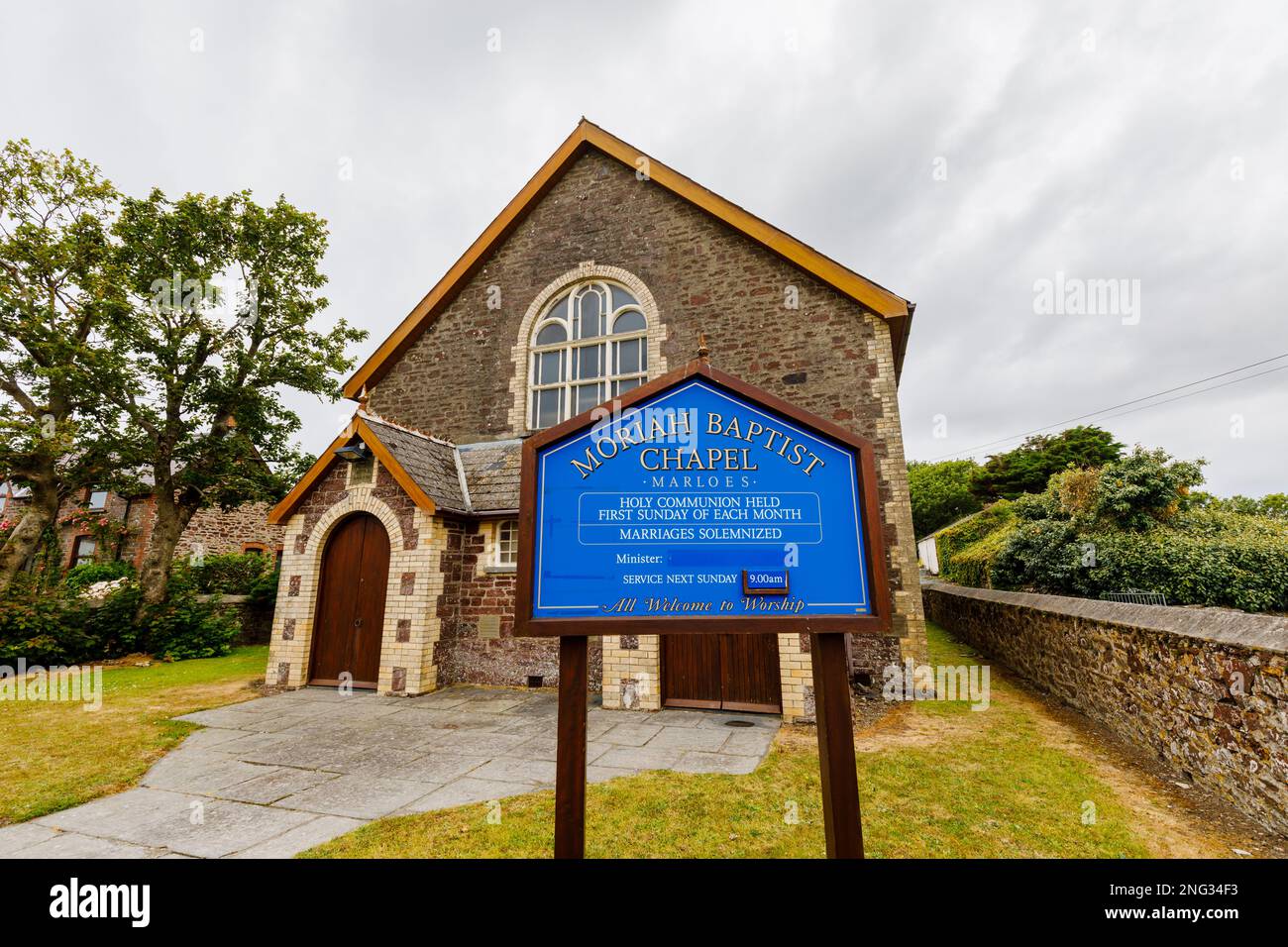 Blue name sign at Moriah Baptist Chapel in Marloes, a small village on ...