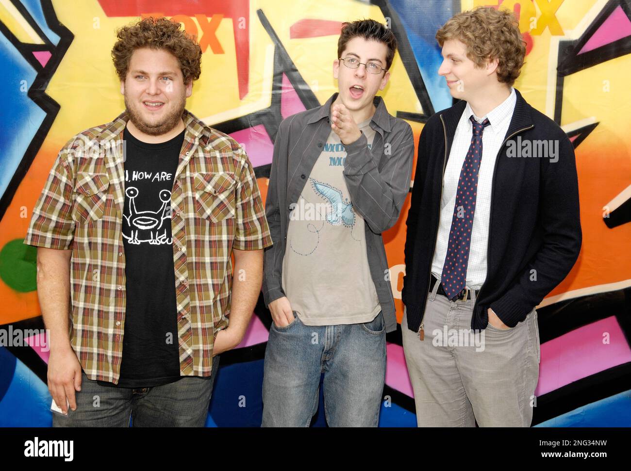 From left, Jonah Hill, Christopher Mintz-Plasse and Michael Cera arrive ...