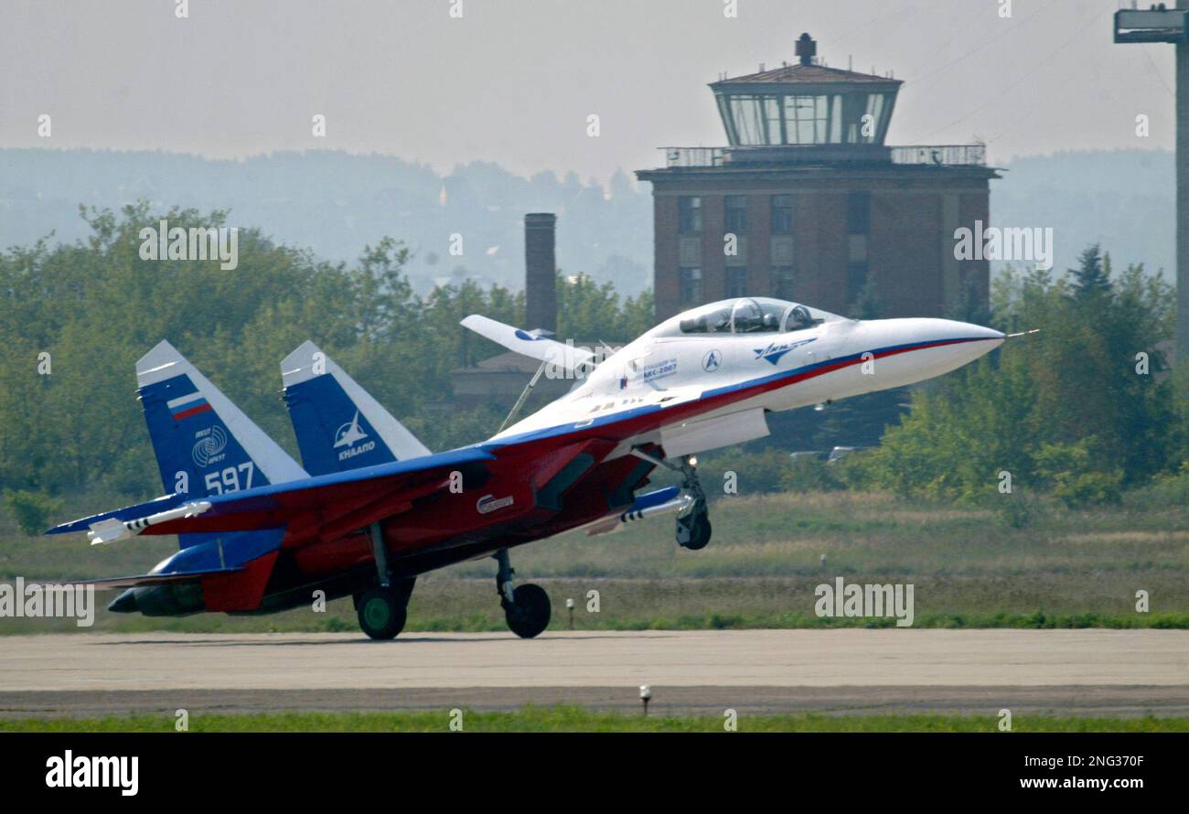 ** FOR ARCHIVE ** A Russian experimental jet Sukhoi Su-30LL takes off ...