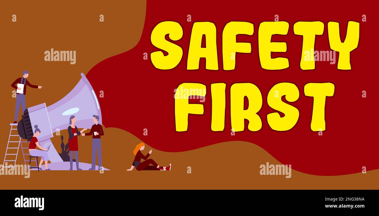 Text caption presenting Safety First. Business approach Avoid any ...