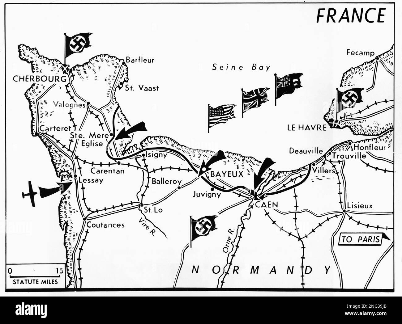 Allies strike inland from Captured Bayeux, on June 8, 1944 but made no ...