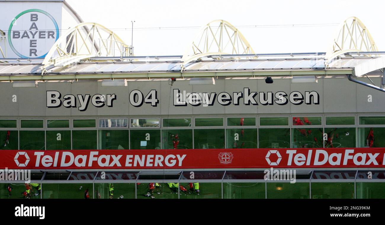 The logo of Leverkusen's sponsor TelDaFax is pictured prior to the ...