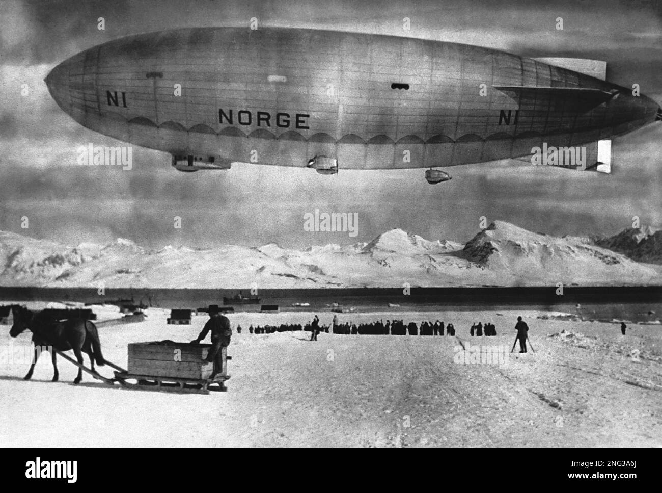 The airship Norge floats above Spitzbergen, Norway, in May 1926, before ...