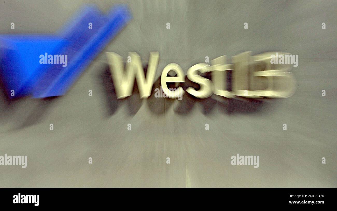 View with a zoom lens of the WestLB bank logo at the headquarters in ...