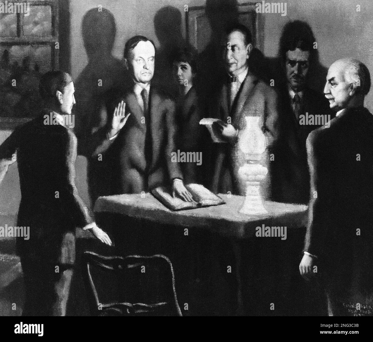 A photograph of the oil painting by Guido Boer depicts the father of ...