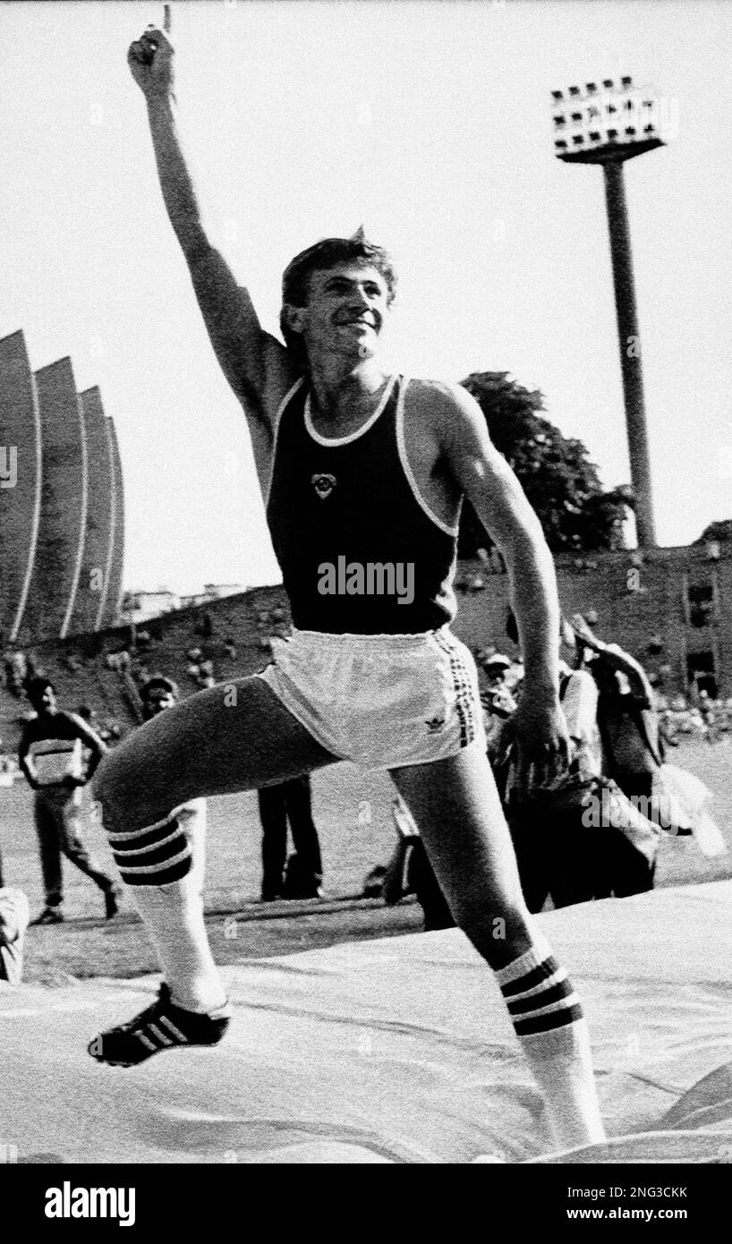Sergei Bubka of the Soviet Union breaking his own world pole vault record and becoming the first ...