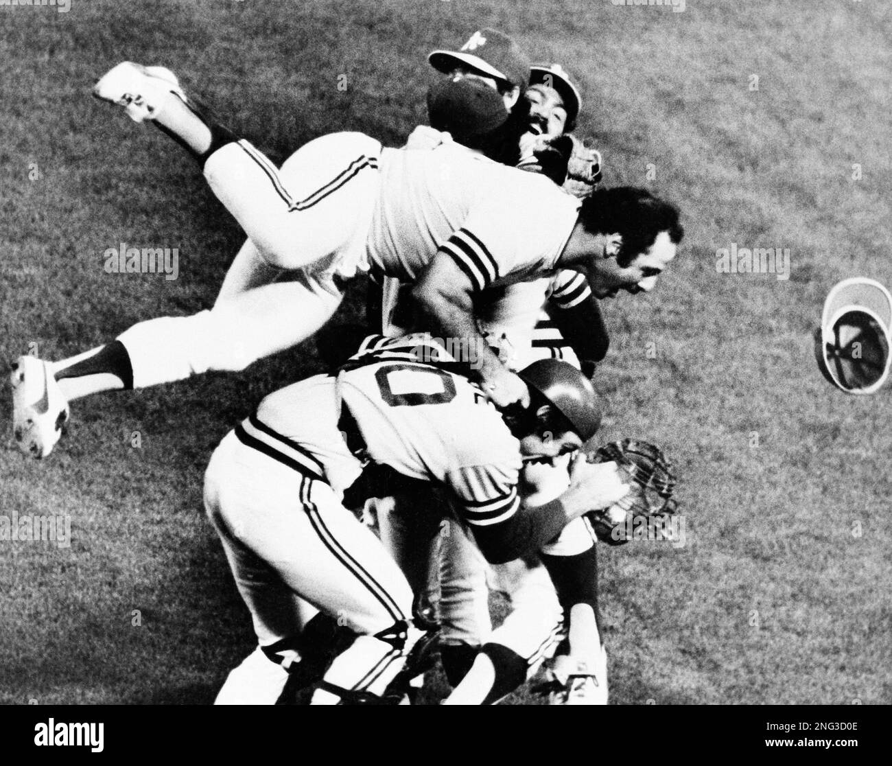 Team captain Sal Bando jumps atop the heap as the jubilant Oakland A's ...