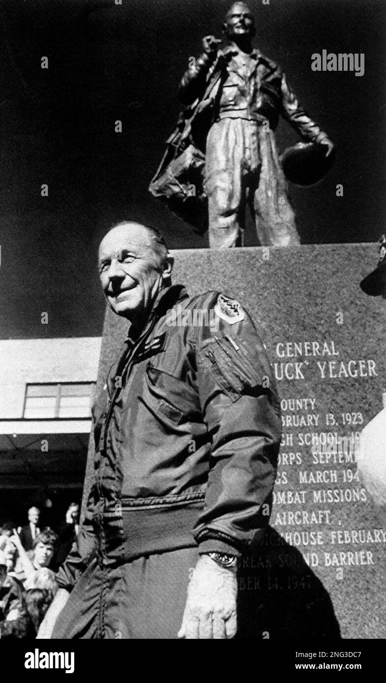 Retired Brig. Gen. Chuck Yeager unveils a statue of himself on the 40th anniversary of his ...
