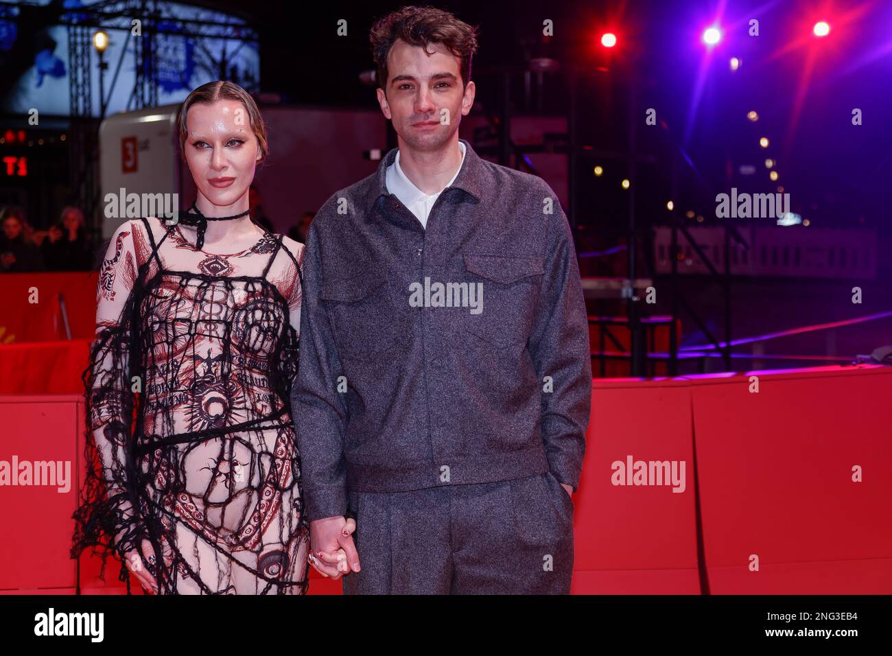 Rebecca-Jo Dunham, left, and Jay Baruchel pose for photographers at the ...
