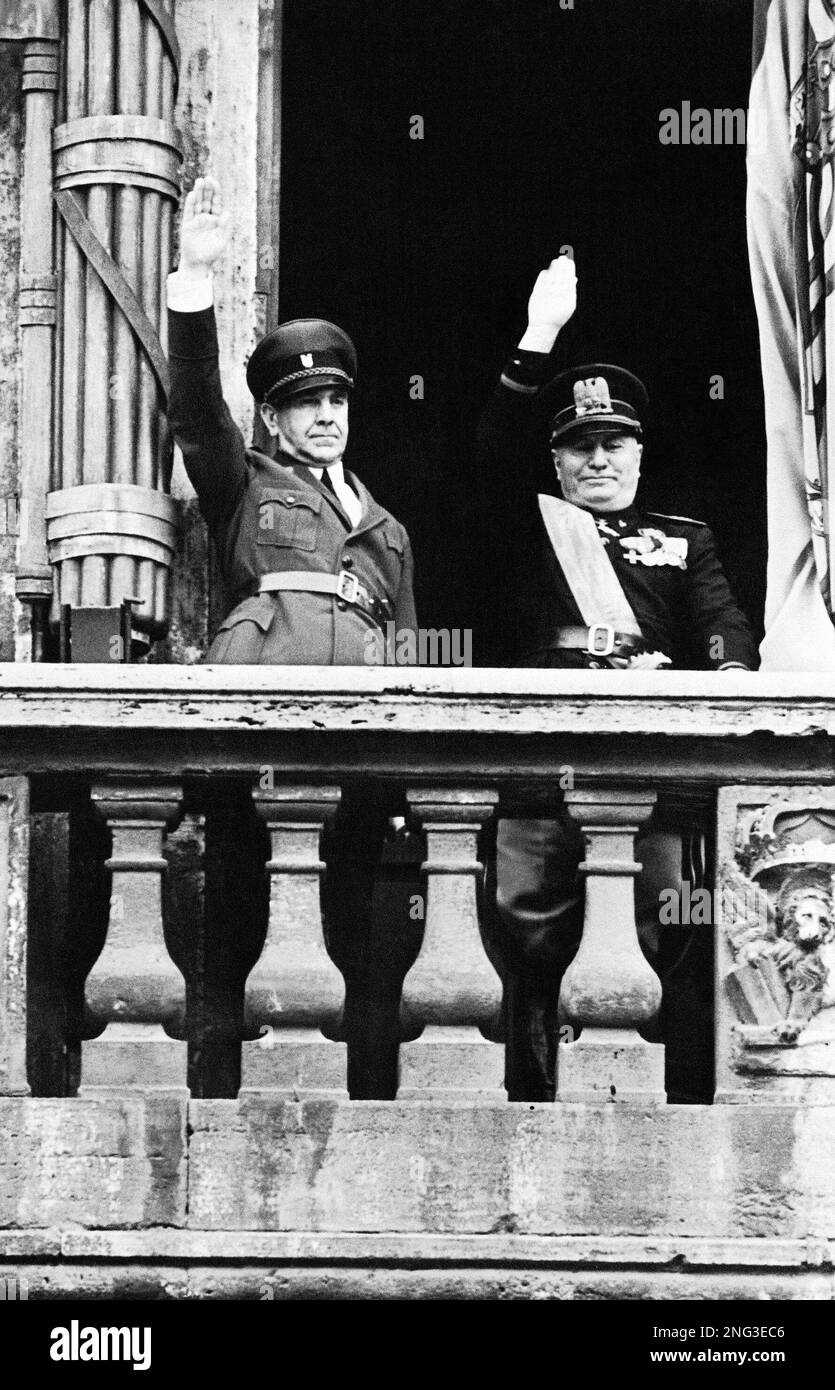 Ante Pavelic, left, and Benito Mussolini salute the crowd below from ...