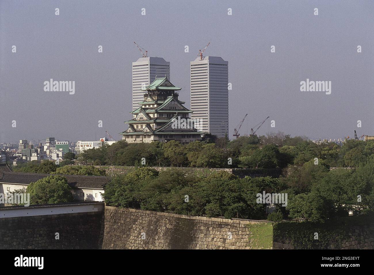 Osaka Castle with the Twin 21 office buildings as viewed from the top ...