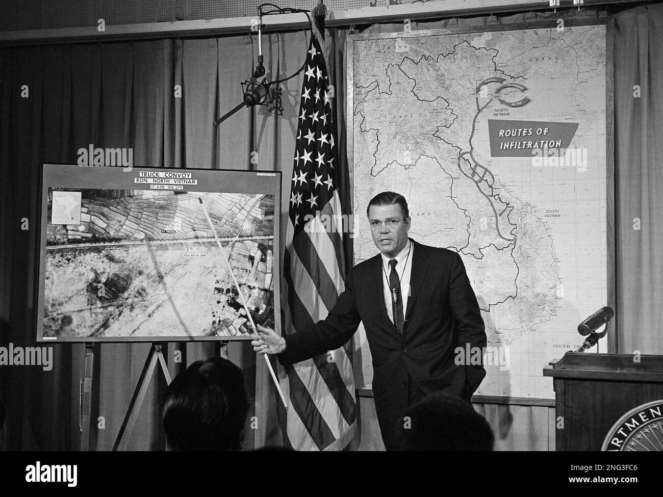 Secretary of Defense Robert McNamara uses a North Viet Nam truck route ...