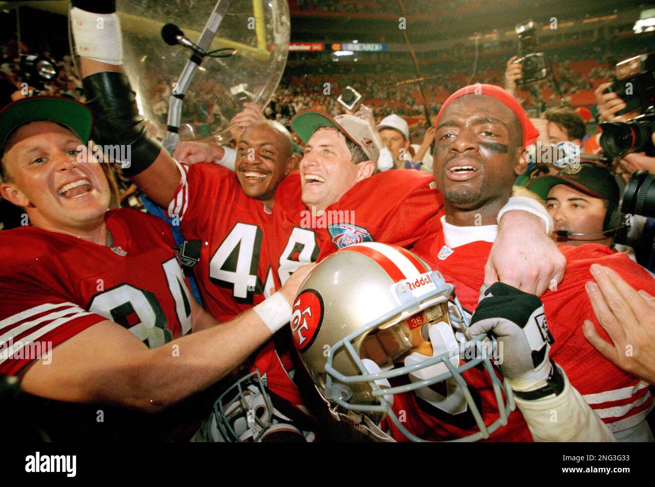 San Francisco 49ers, from left, Brent Jones, William Floyd, Steve Young ...