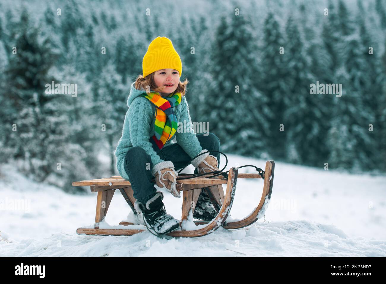 Winter child sliding on a sled in snowy park Stock Photo - Alamy