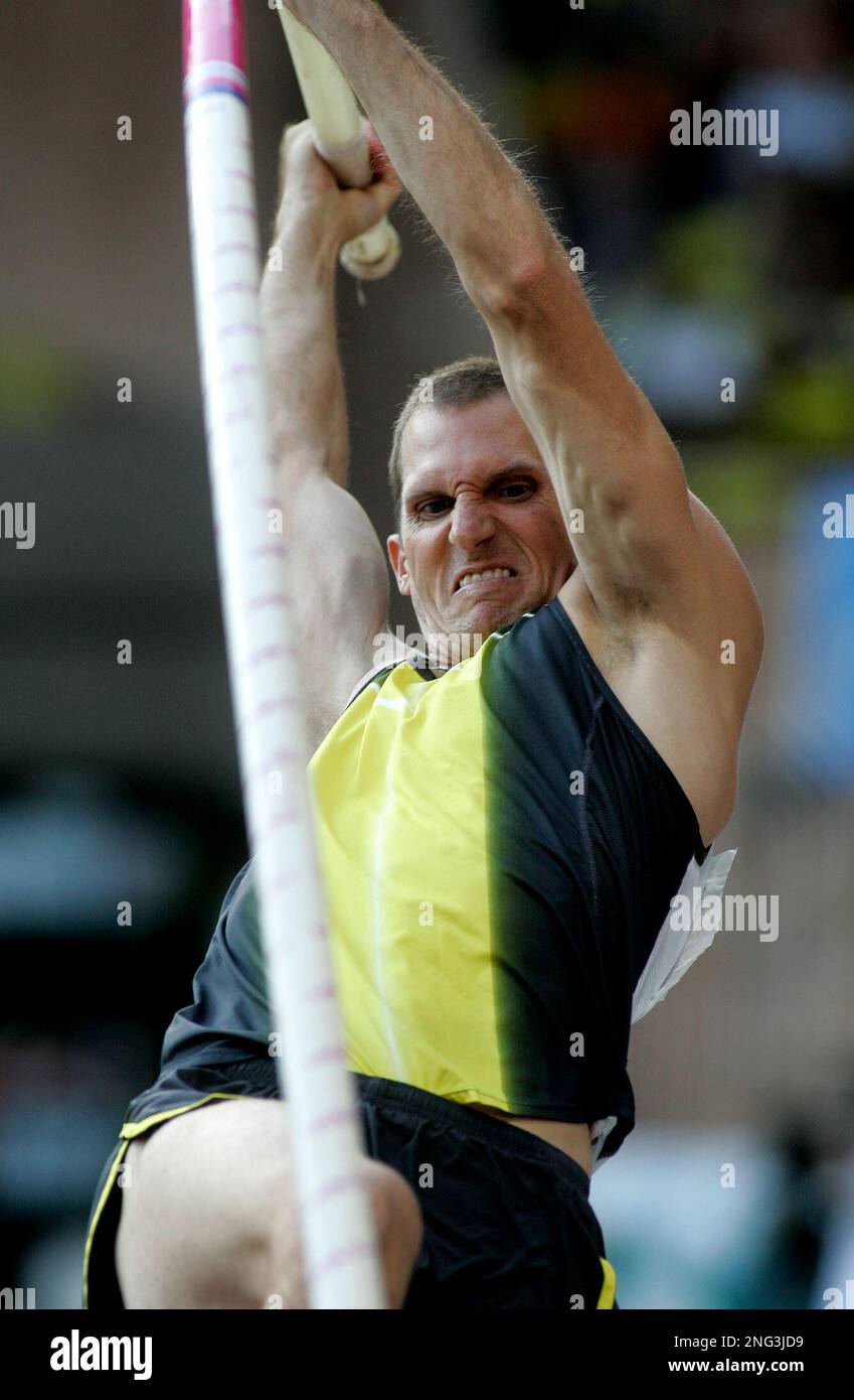 US champion Tim Mack performs in the pole vault event during the ...
