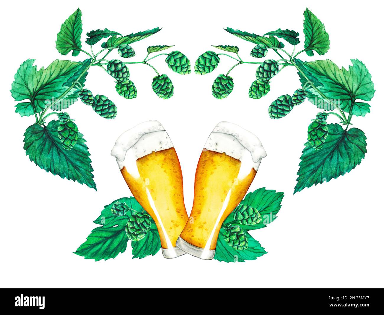Glass of beer, hop and leaves. Watercolor beer collection Stock Photo ...