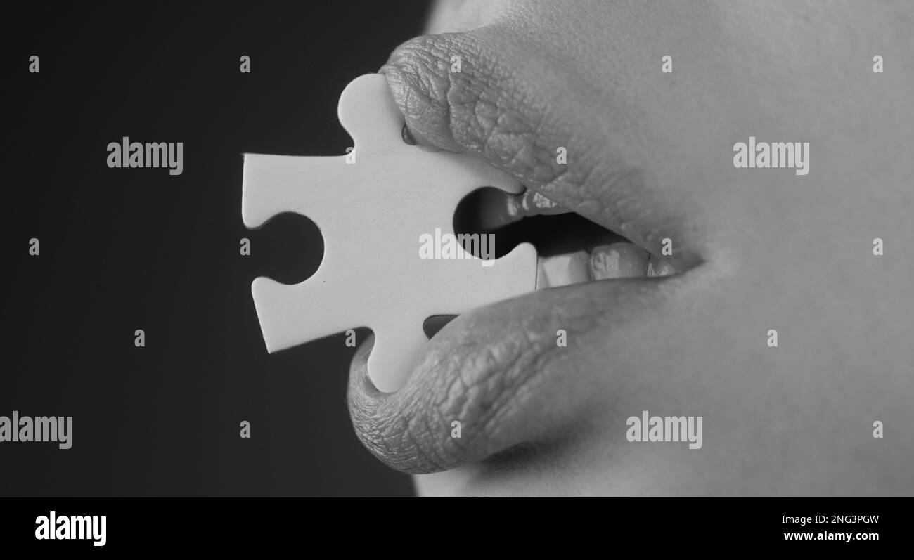Puzzle pieces. Jigsaw solution. Love problems. Female mouth with puzzle ...