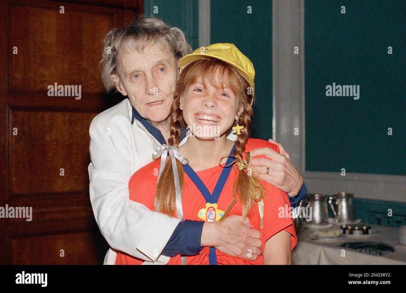 Swedish author Astrid Lindgren hugs Tami Erin Klicman, who will portray ...