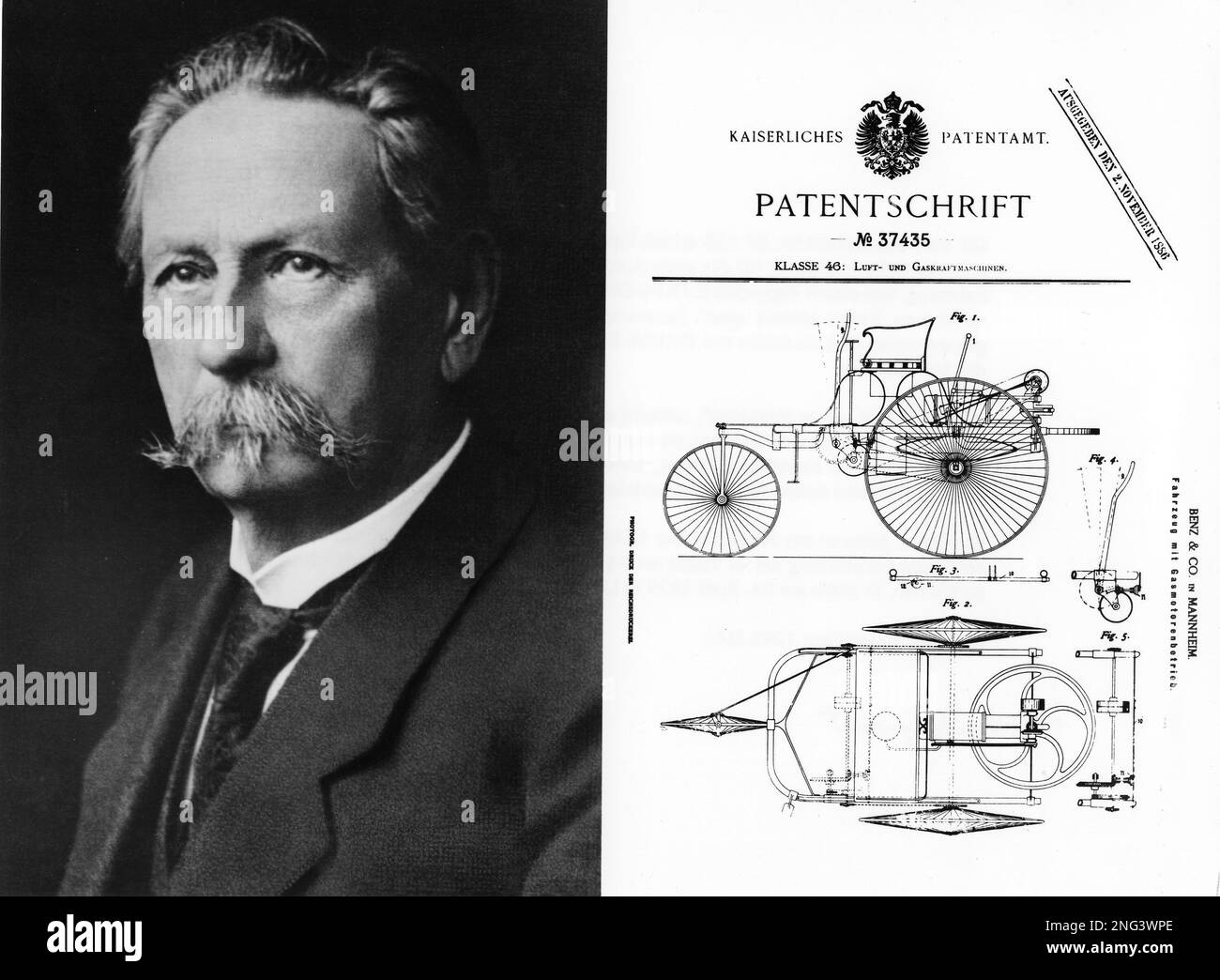 Image shows a portrait of Karl Benz and a copy of the patent for the ...