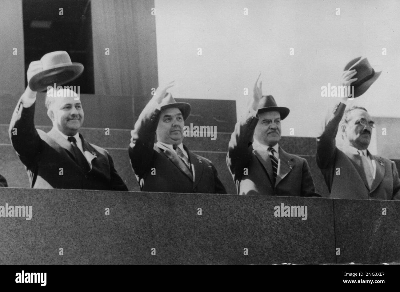 Soviet leaders wave from the Lenin-Stalin Mausoleum at the Red Square ...