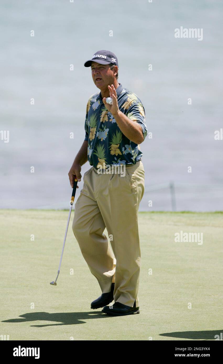 Tom Purtzer waves after making a putt on the sixth hole during the ...