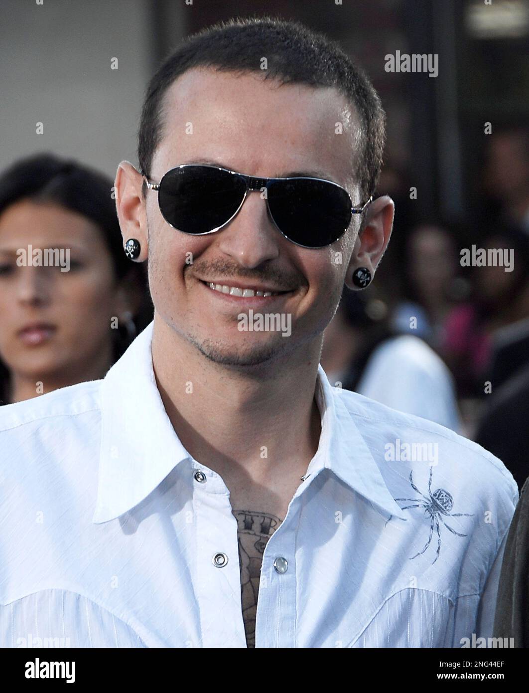 Singer Chester Bennington poses on the press line at the Los Angeles ...
