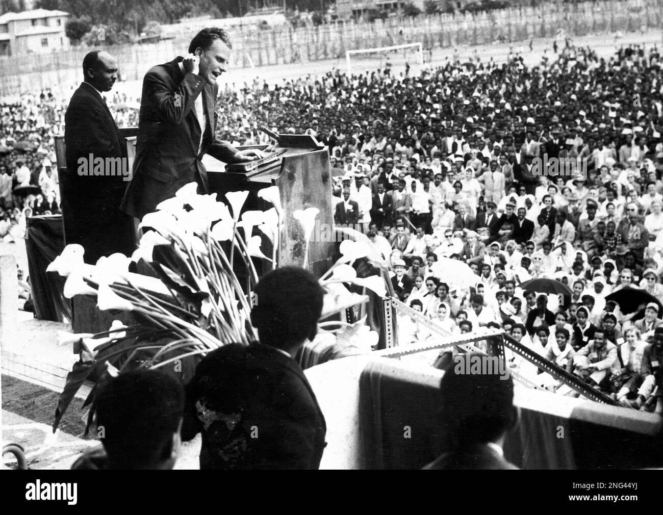 The Rev. Billy Graham preaches to a large crows in Addis Ababa ...
