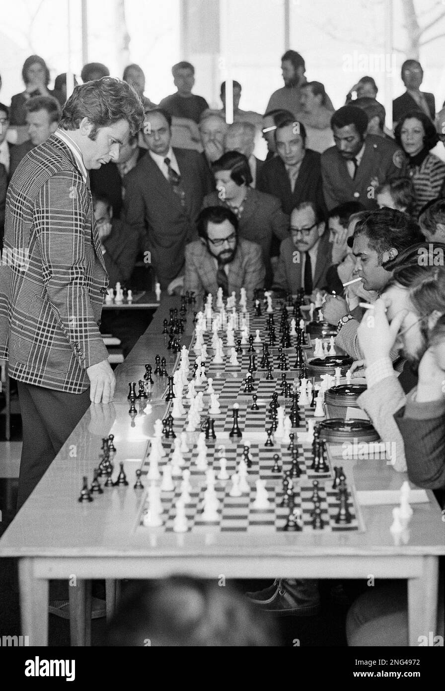 Soviet chess master Boris Spassky studies a move during one of 13 ...