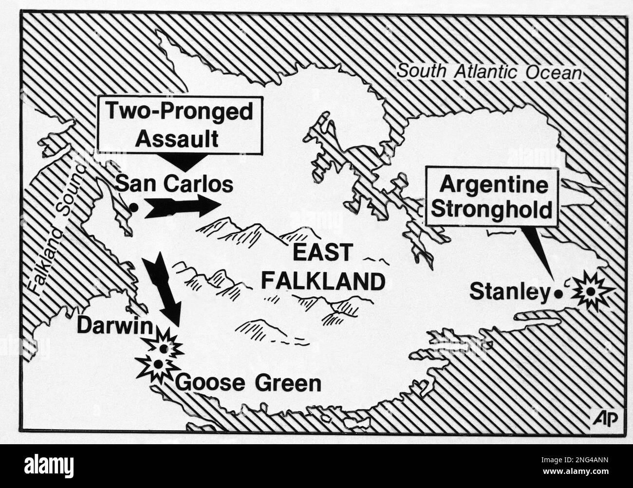 Map of East Falkland pinpoints Darwin and Goose Green, where British ...