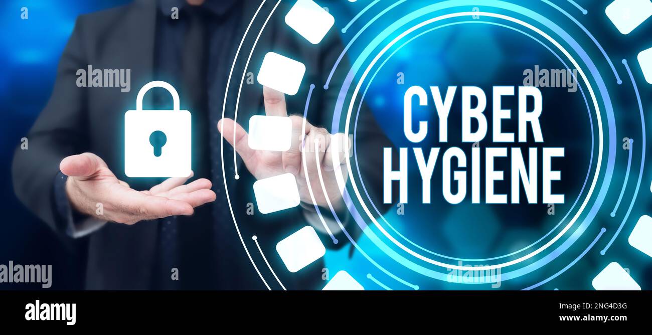 Sign Displaying Cyber Hygiene Word Written On Steps That Computer