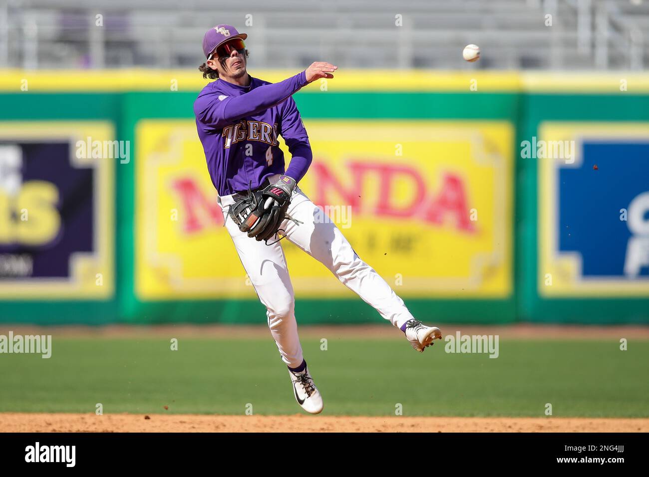 February 17, 2023: LSU shortstop Jordan Thompson (4) makes a throw to ...