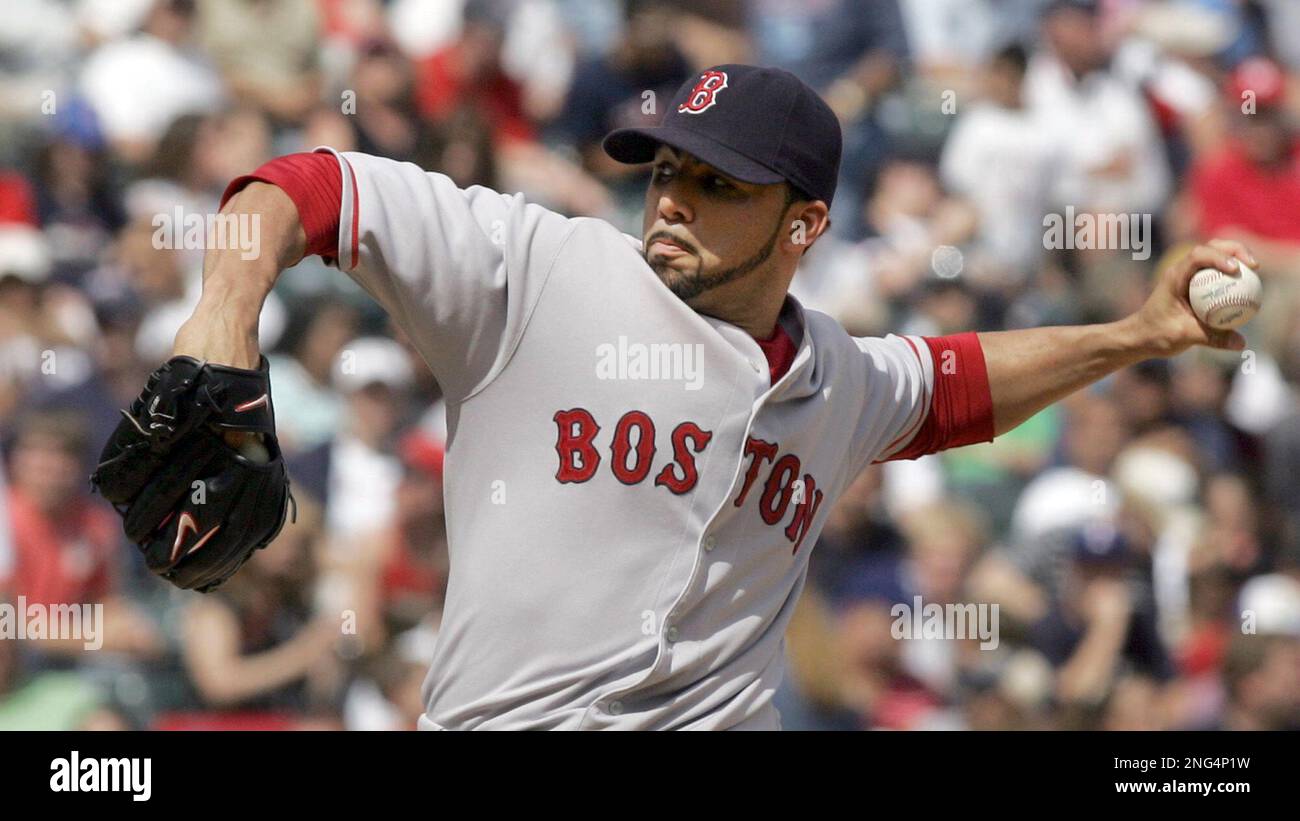 Boston Red Sox pitcher Joel Pineiro throws in the seventh inning of the ...