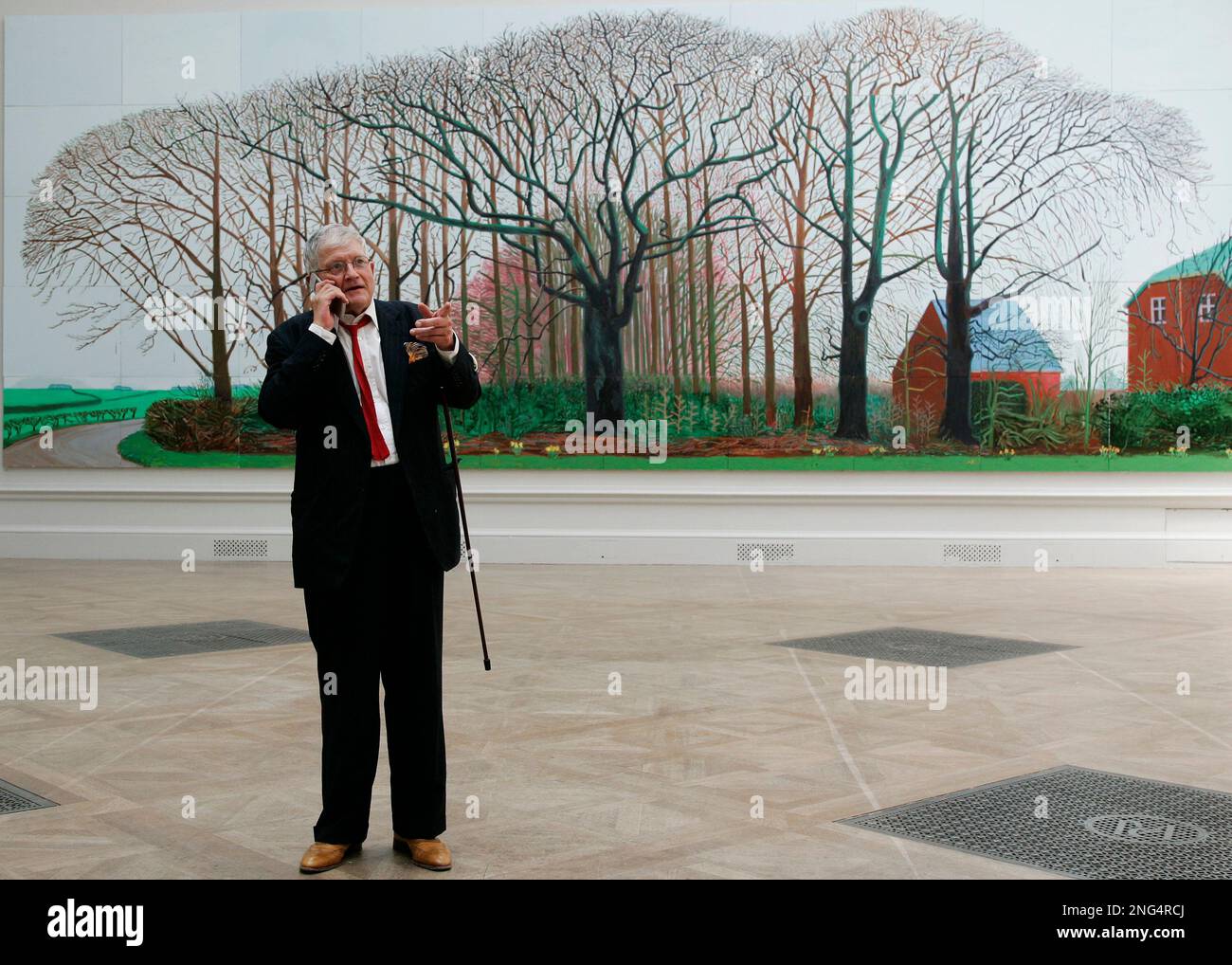 British artist David Hockney reacts as he talks on a mobile phone in ...