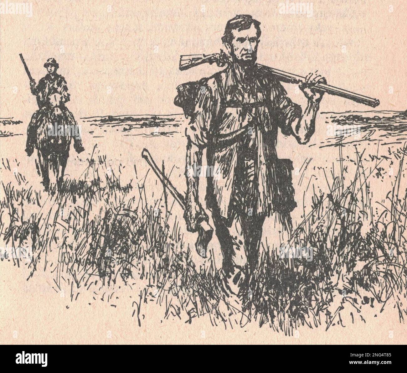 Black and white illustration shows two hunters. Black and white ...