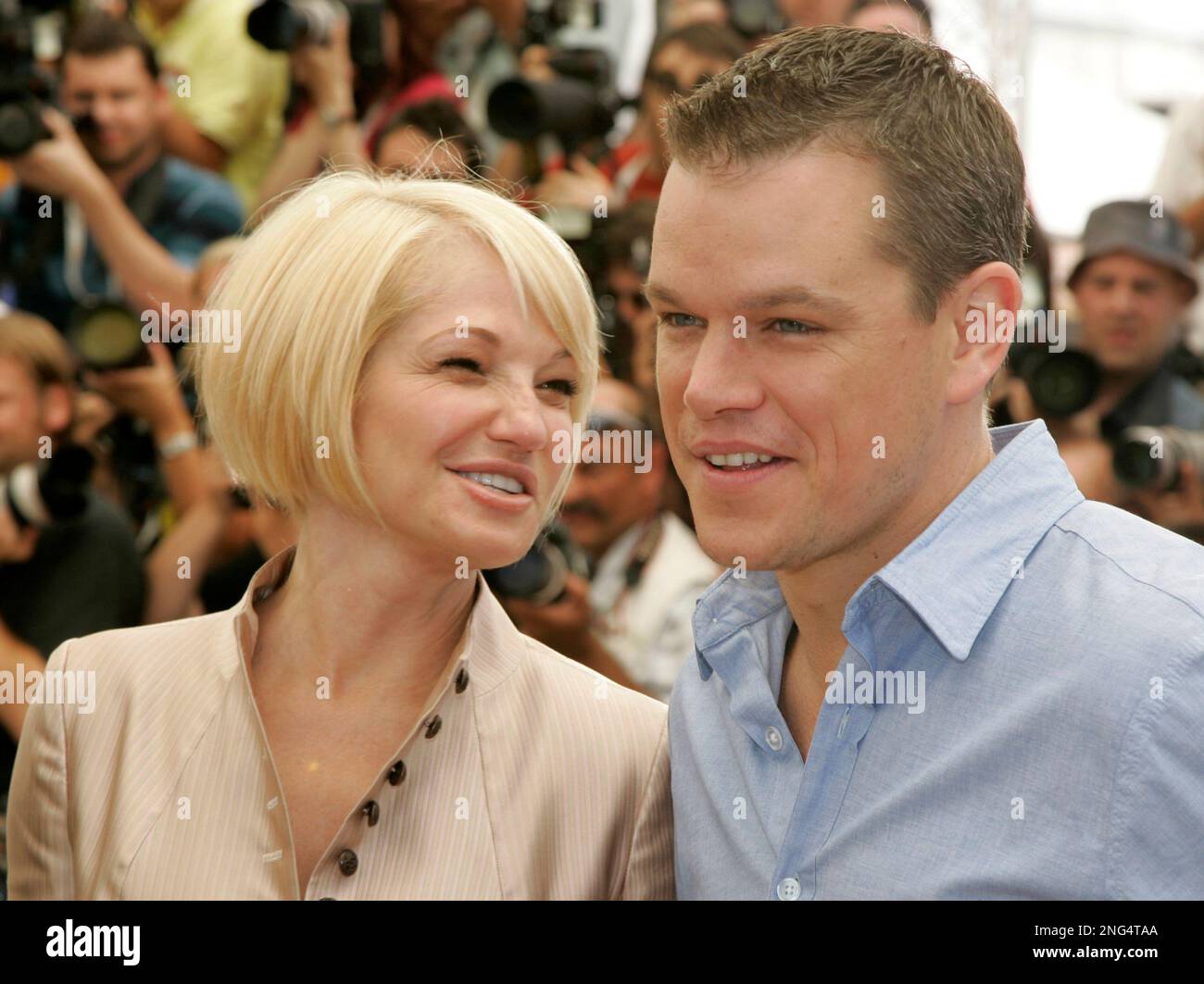 American actress Ellen Barkin, left, and American actor Matt Damon talk ...