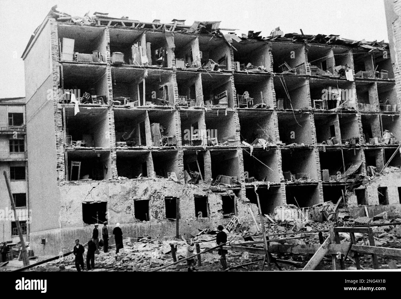 An apartment house damaged by bombs in the Soviet capital of Moscow ...
