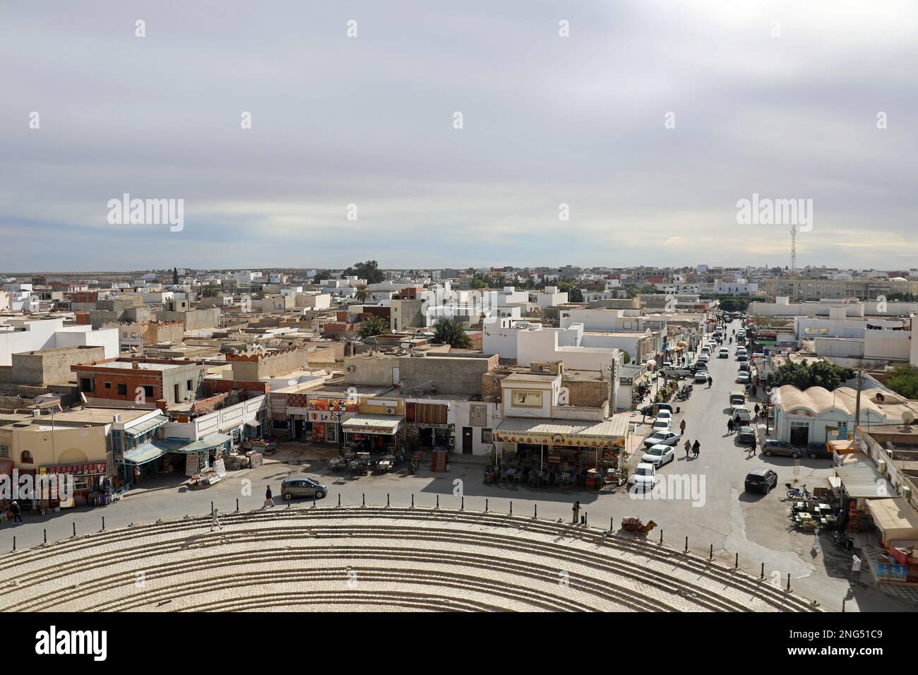 View of the city of El Djem in Tunisia from the Roman amphitheatre ...