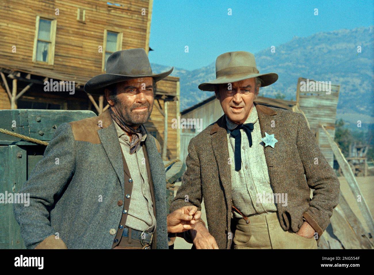 Actors Jimmy Stewart, right, and Henry Fonda are seen in costume during ...