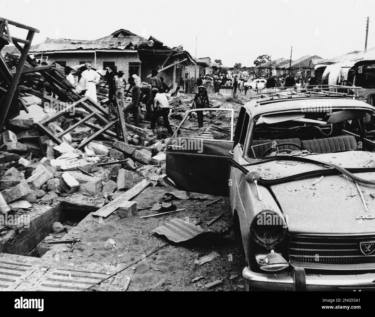 Debris and destruction from a bombing in Umyahia, Biafra, is seen ...