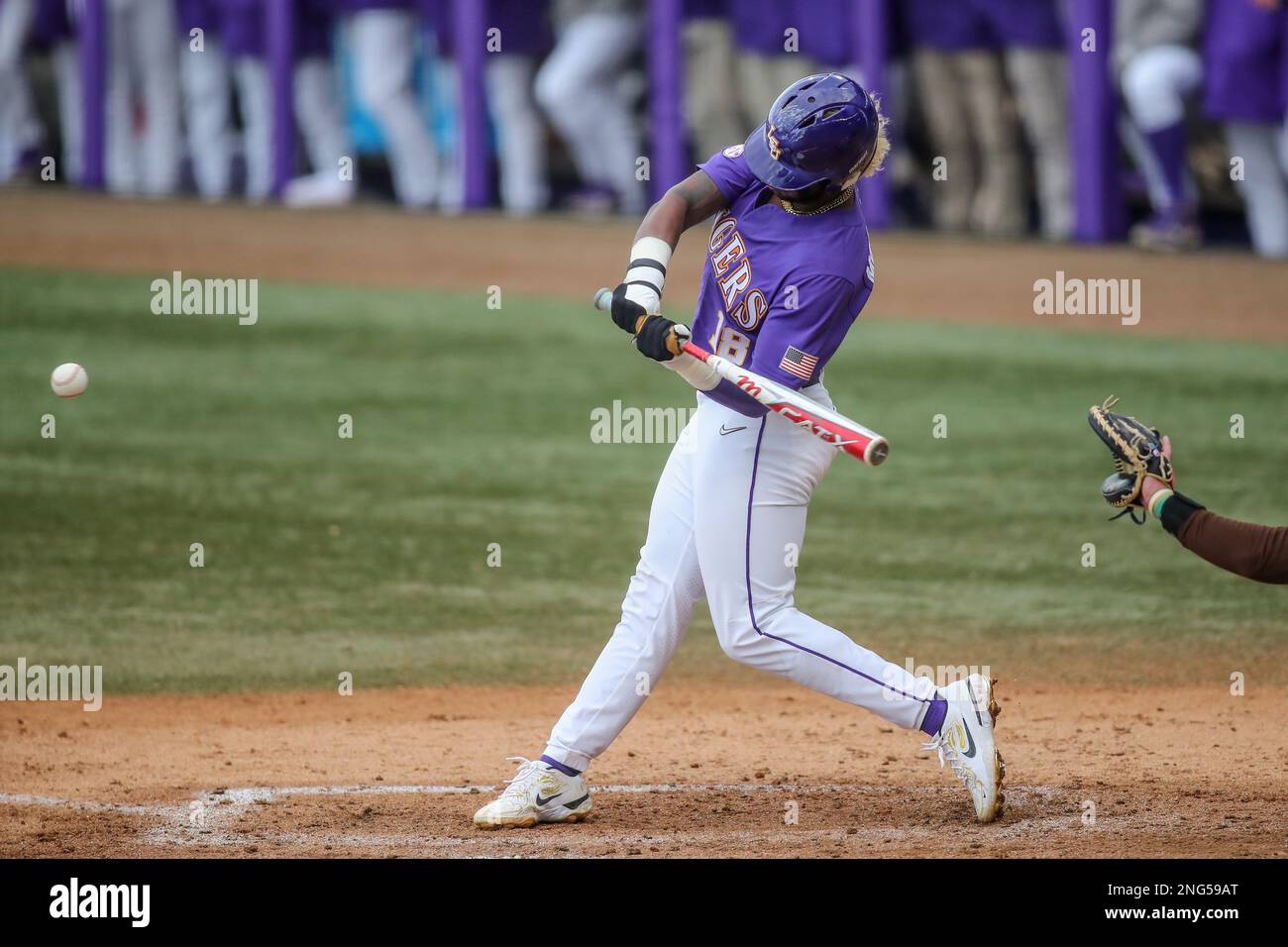 Baton Rouge, LA, USA. 17th Feb, 2023. LSU's Tre' Morgan (18) delivers a ...
