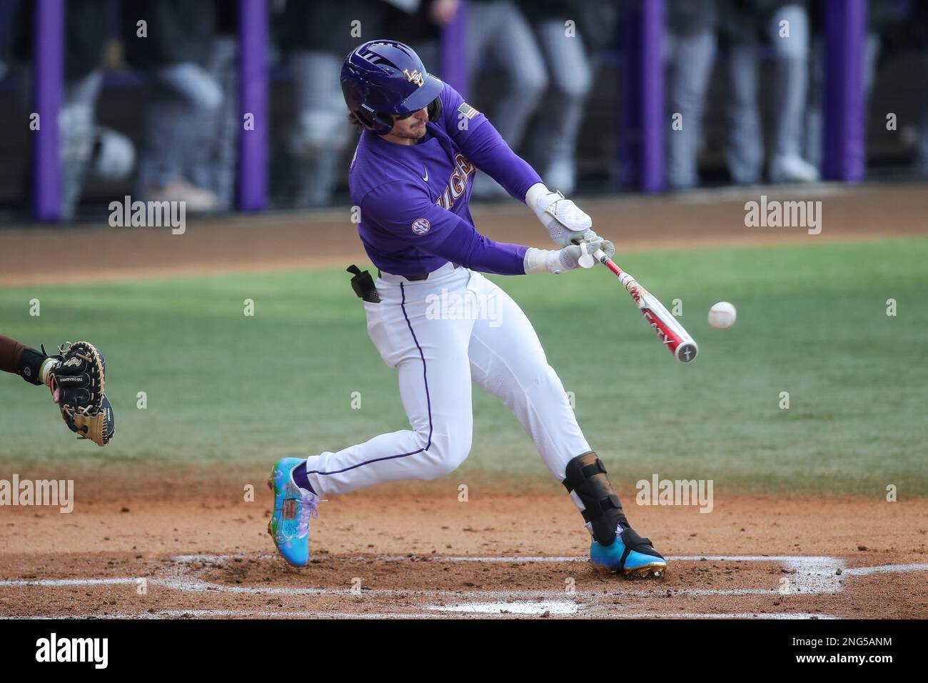 Baton Rouge, LA, USA. 17th Feb, 2023. LSU's Dylan Crews (3) delivers a ...