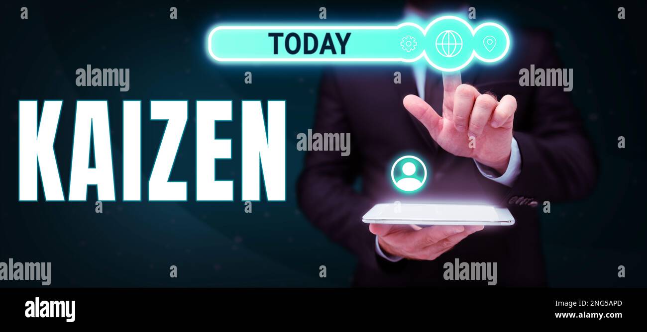 Hand writing sign Kaizen. Internet Concept a Japanese business philosophy of improvement of ...