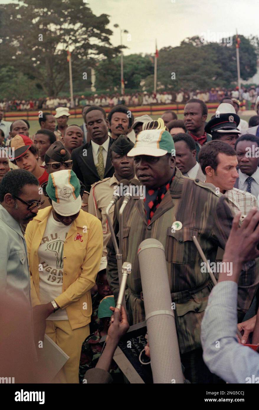 President Idi Amin of Uganda shown at start of motor rally in Kampala ...