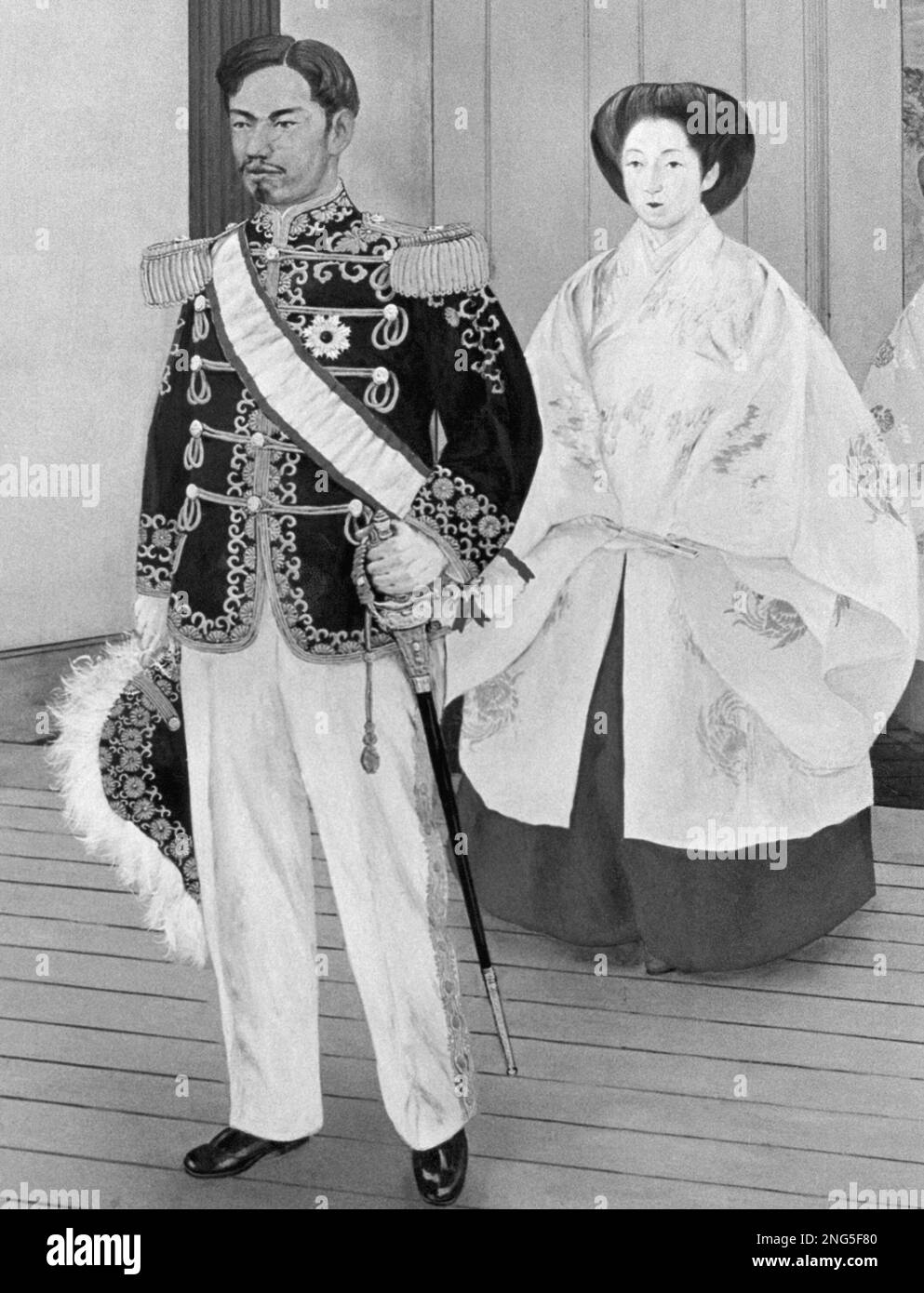 Portrait of Emperor Meiji and the Empress. The painting illustrates the ...