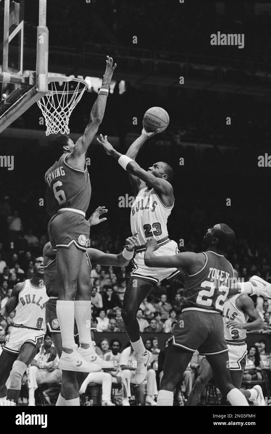 Philadelphia 76ers' Julius Erving blocks a shot by Chicago Bulls ...