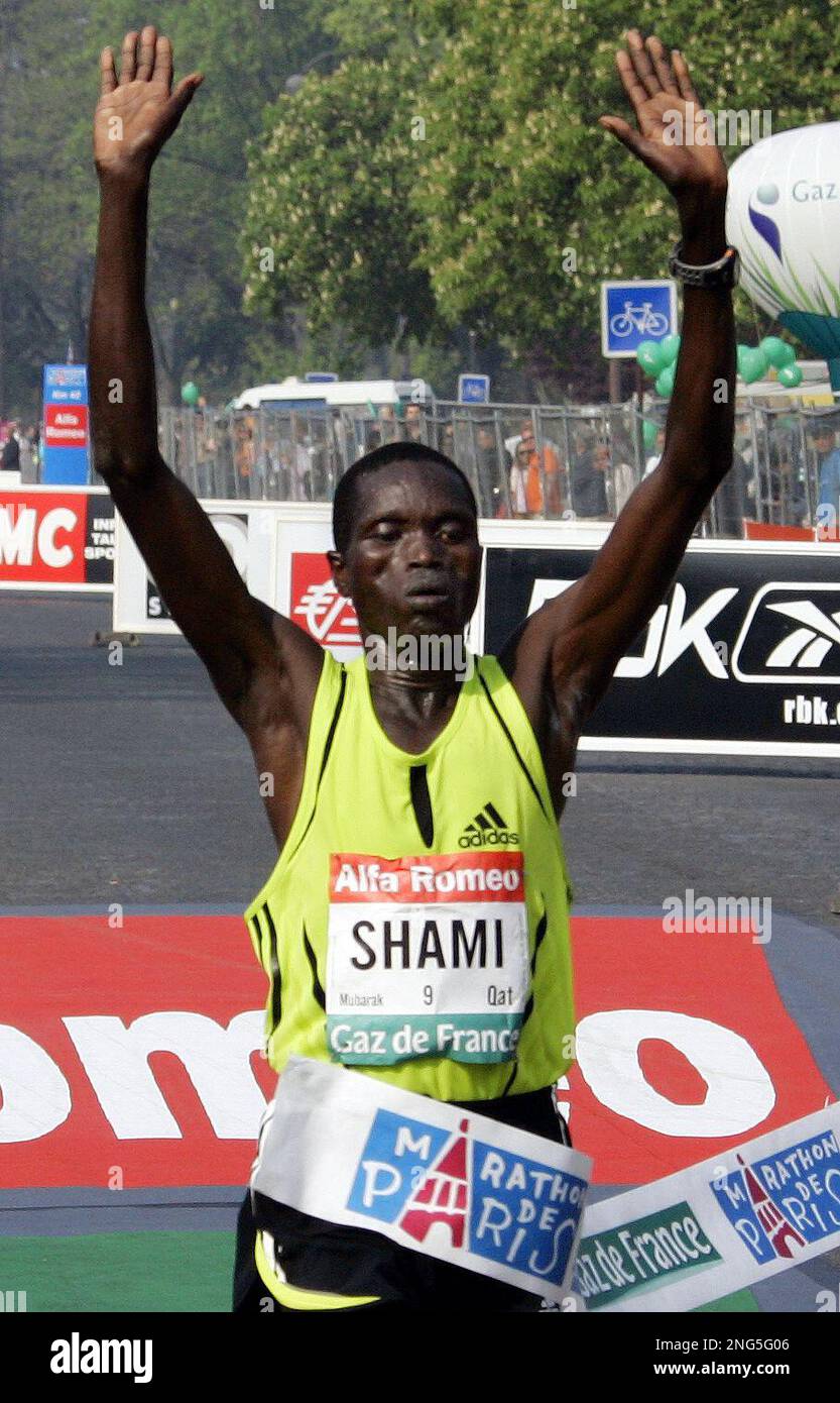Mubarak Shami of Qatar crosses the finish line to win the 31st Paris ...
