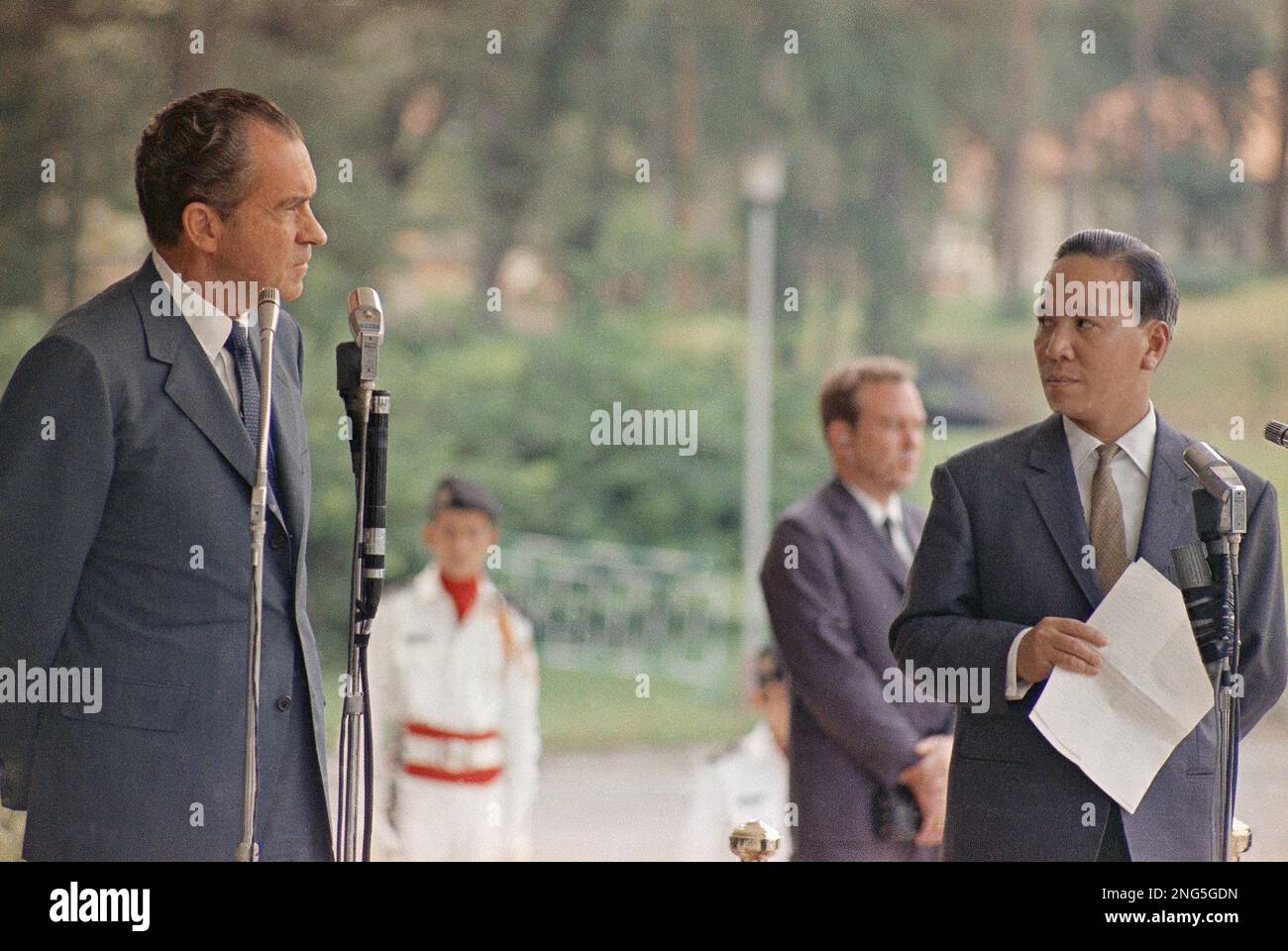 United States President Richard M. Nixon with President Thieu in Saigon ...