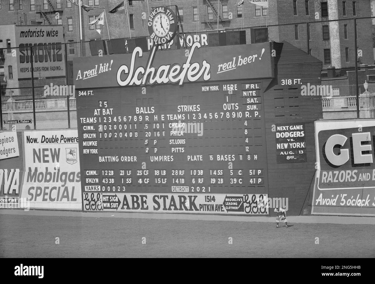 The scoreboard at Ebbets Field, Brooklyn after the Dodgers had scored ...